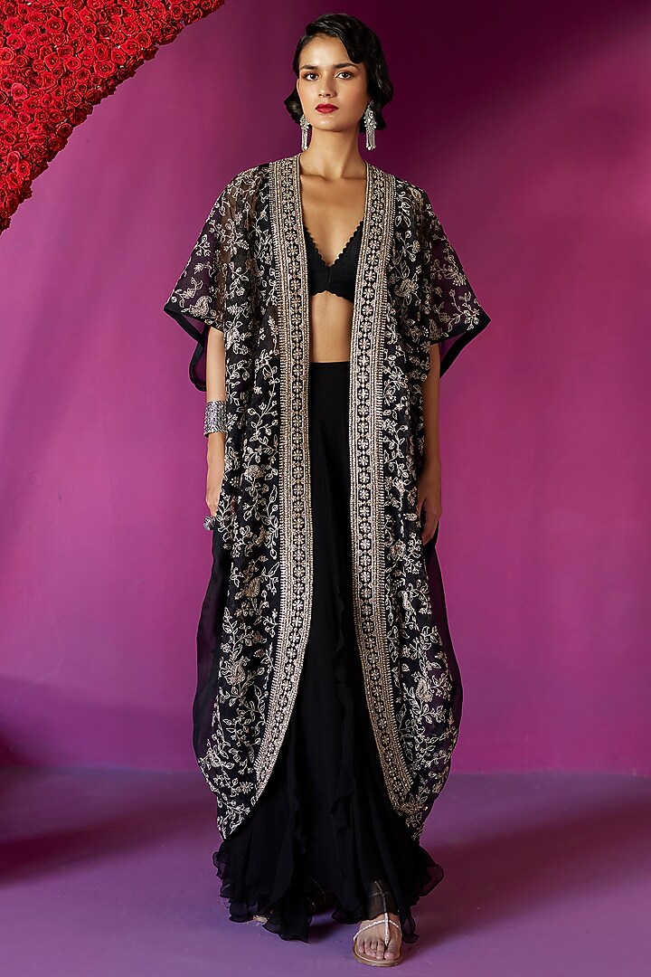 Black Organza & Raw Silk Hand Embroidered Cape Set Design by Mrunalini ...