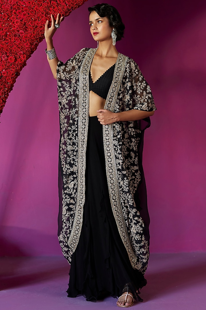 Black Organza & Raw Silk Hand Embroidered Cape Set by Mrunalini Rao at ...