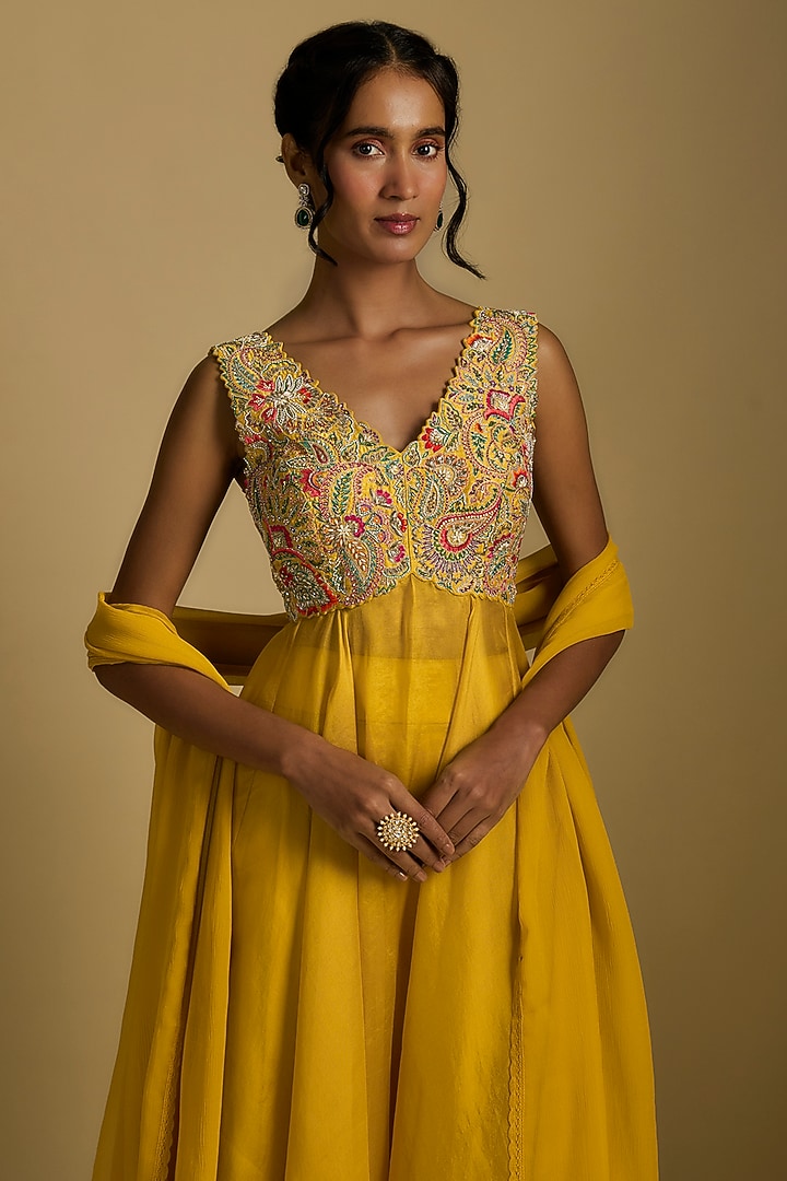 Yellow Raw Silk Zardosi Hand Embroidered Anarkali Set by Mrunalini Rao ...