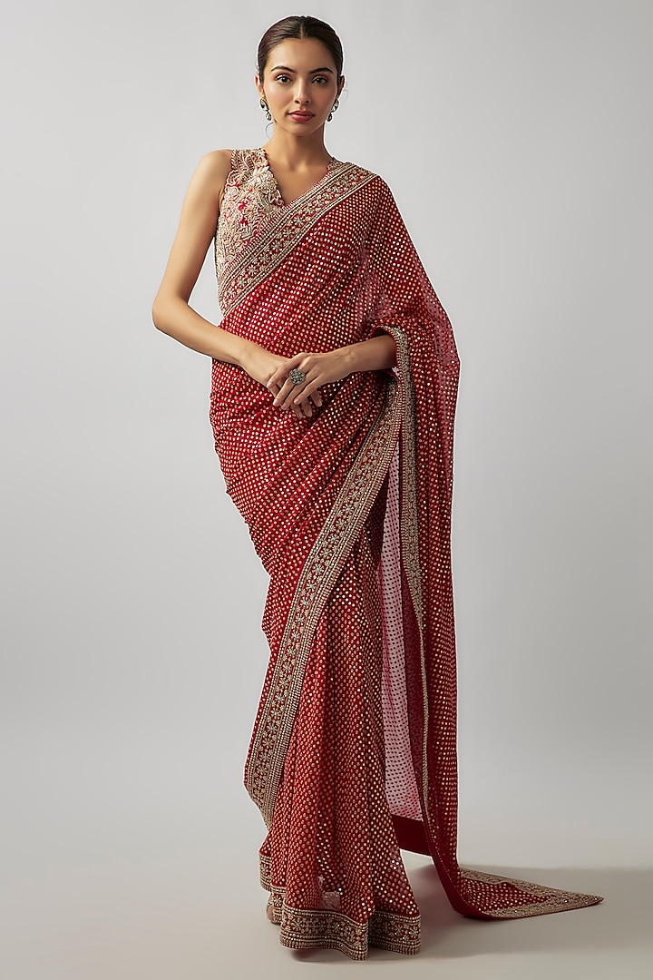 Red Georgette Zardosi & Pearl Embroidered Handcrafted Saree Set Design ...