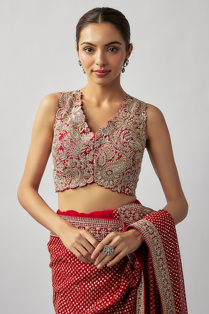 Red Georgette Zardosi & Pearl Embroidered Handcrafted Saree Set Design ...