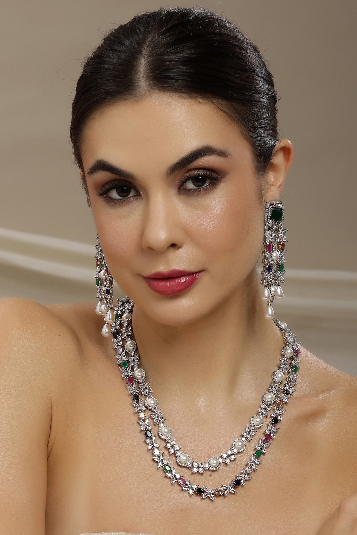 White Finish Multi-Colored Stone & Zircon Long Layered Necklace Set by ...