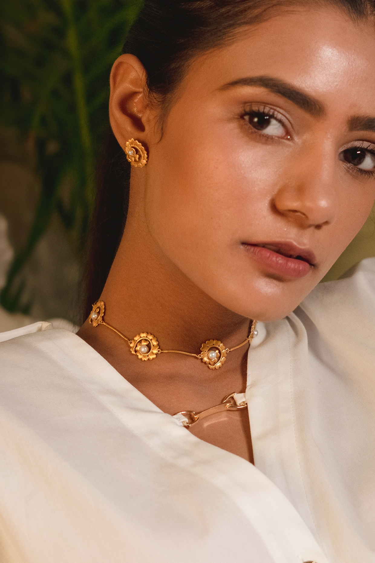 Gold Plated Floral Pearl Choker Necklace Set In Sterling Silver by RUUH ...