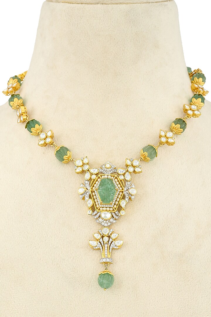 Gold Plated Moissanite Polki & Natural Aventurine Quartz Long Necklace ...