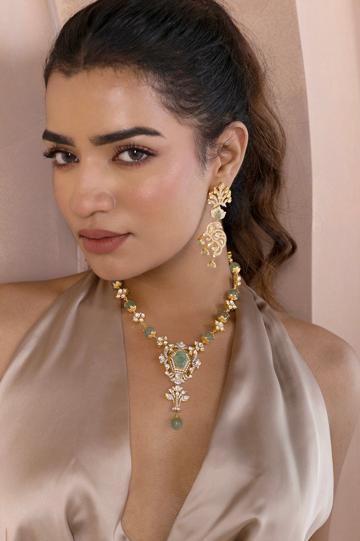 Gold Plated Moissanite Polki & Natural Aventurine Quartz Long Necklace ...