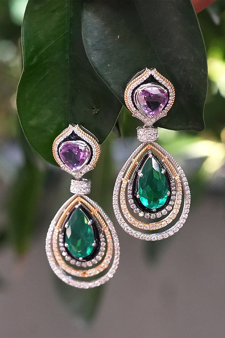 Gold Plated Amethyst & Emerald Dangler Earrings In Sterling Silver by ...