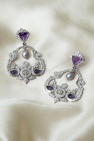 White Rhodium Finish Amethyst Dangler Earrings In Sterling Silver by ...