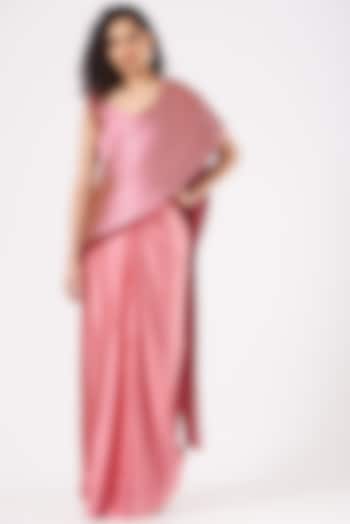 Onion Pink Metallic Yarn Silk Satin Handwoven Saree Set by Rimzim Dadu ...