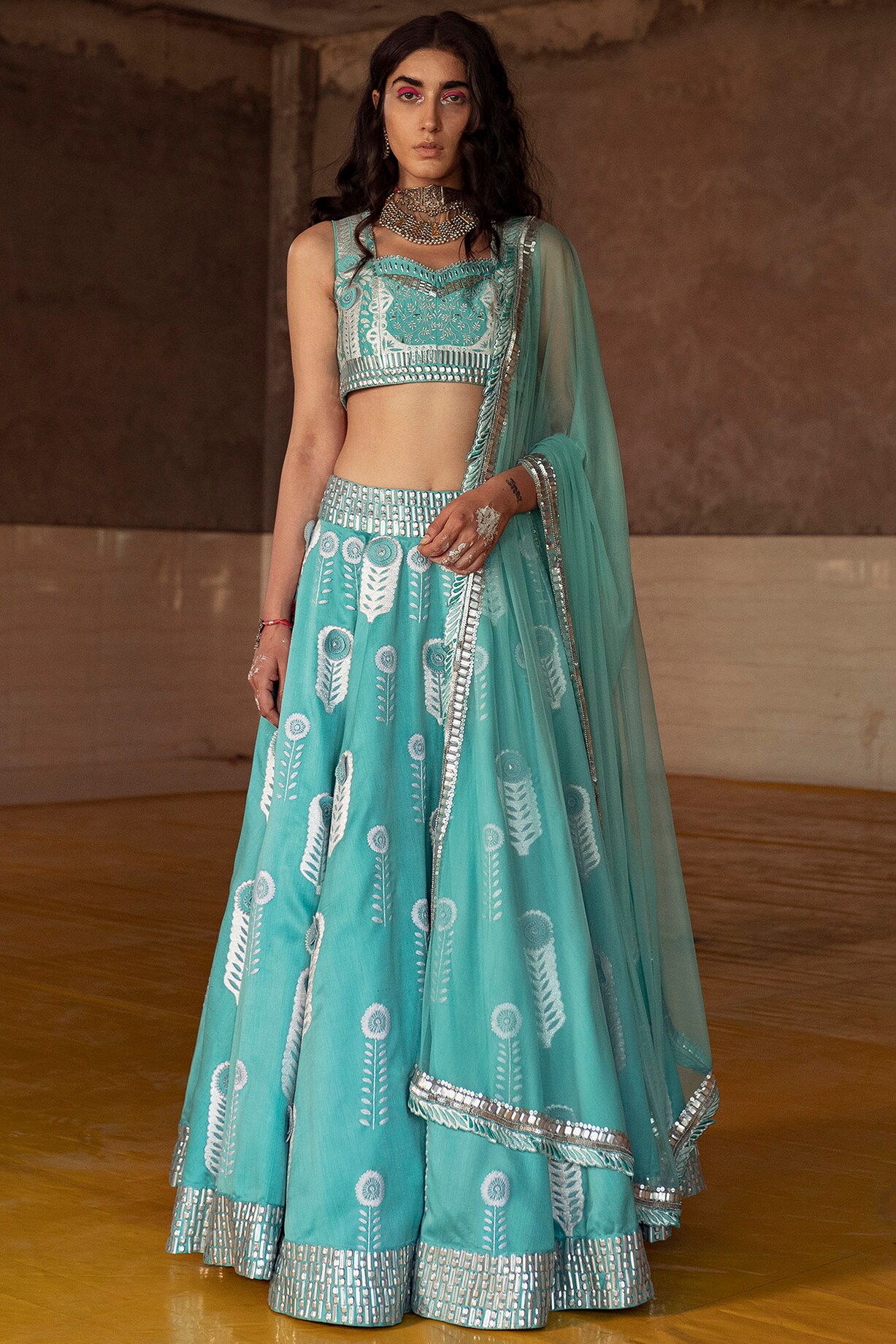 Firozi Blue Hand Embroidered Lehenga Set Design by Saksham and ...
