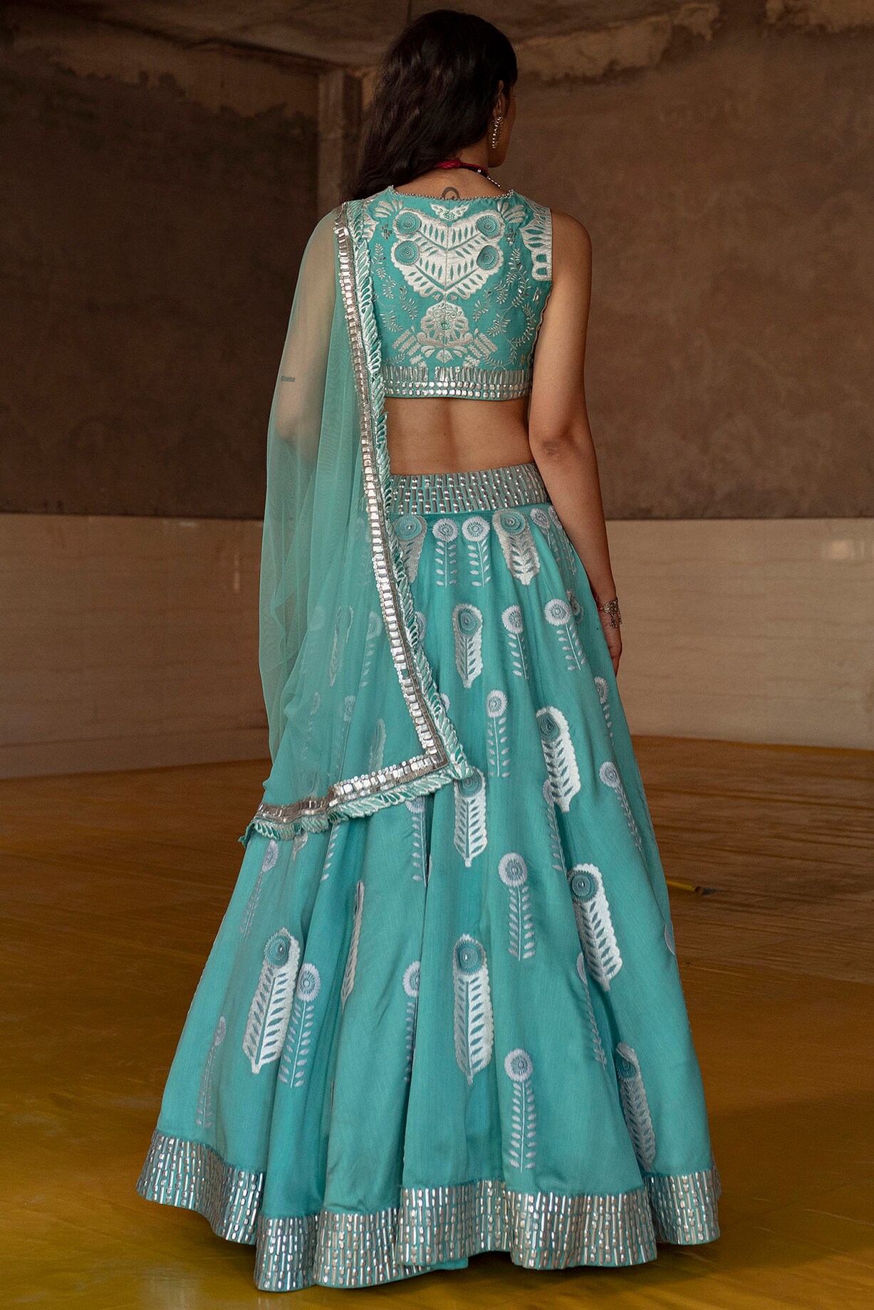 Firozi Blue Hand Embroidered Lehenga Set Design by Saksham and ...