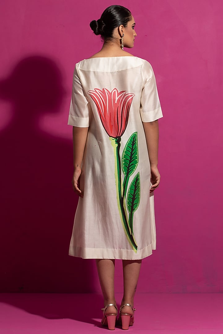 Ivory Chanderi Silk Handwoven Hand Painted & Hand Embroidered Dress ...