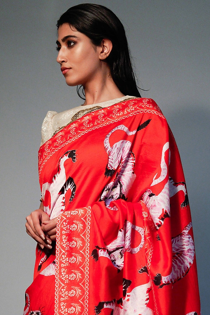 Cherry Red Printed Saree Set by Saksham and Neharicka at Pernia's Pop ...