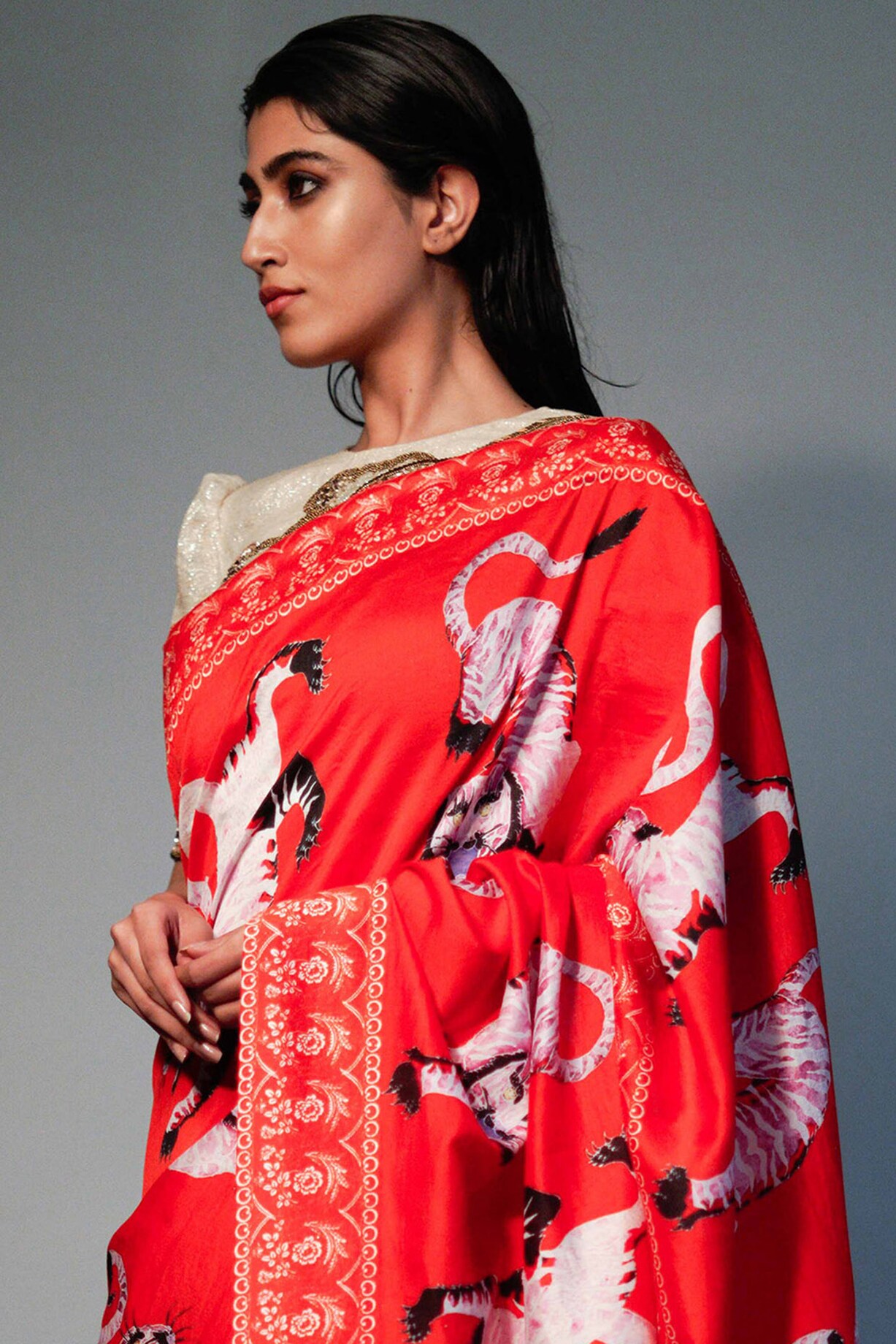 Cherry Red Printed Saree Set by Saksham and Neharicka at Pernia's Pop ...