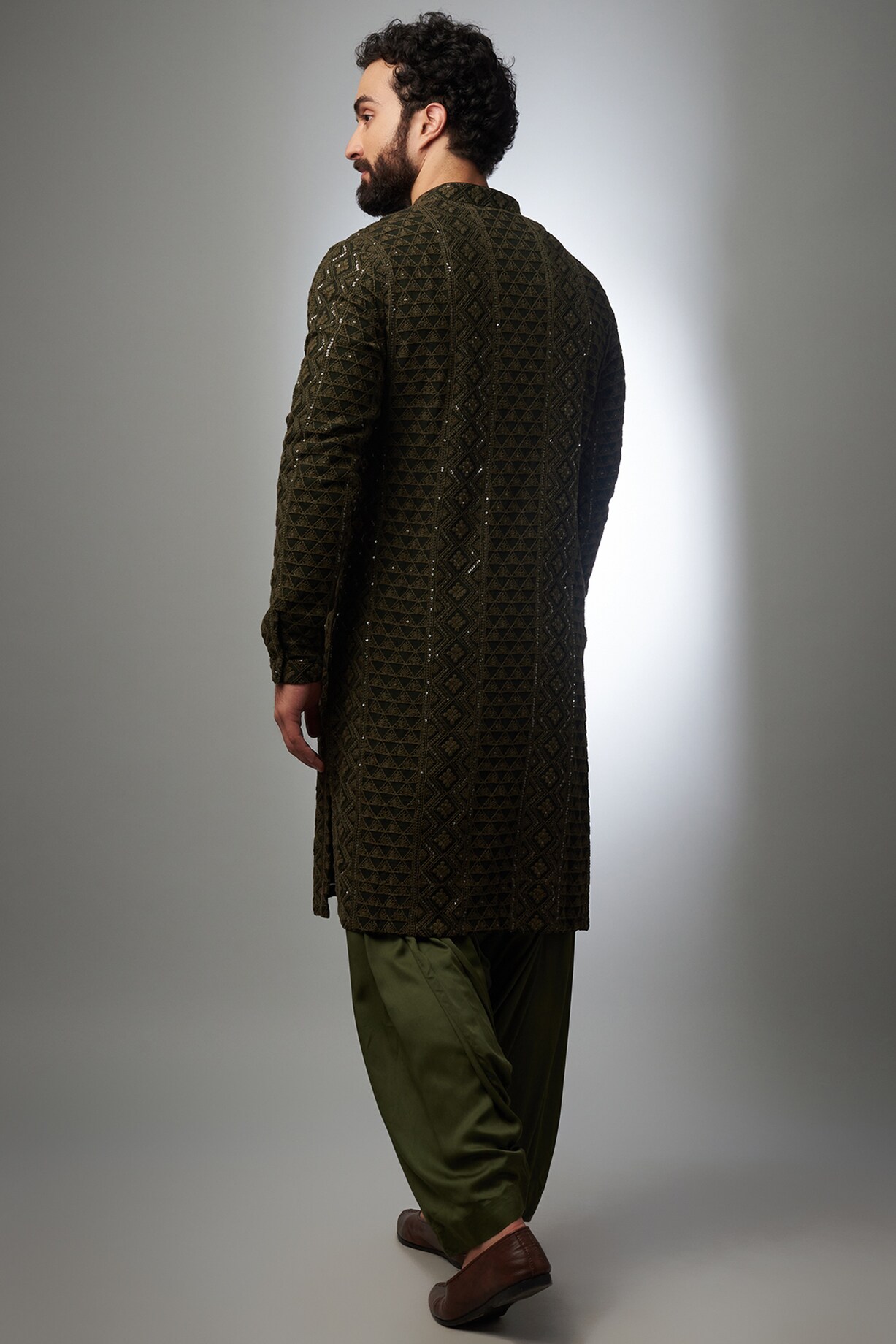 Buy SALIL BHATIA Military Green Georgette Embellished Kurta Set at ...