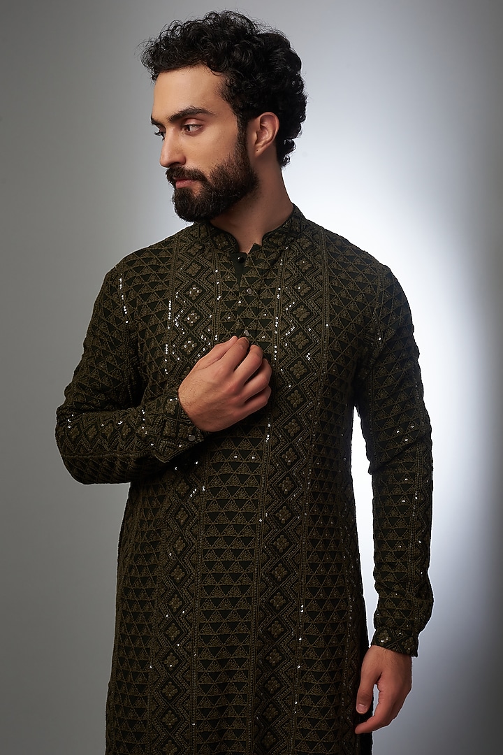 Buy SALIL BHATIA Military Green Georgette Embellished Kurta Set at ...