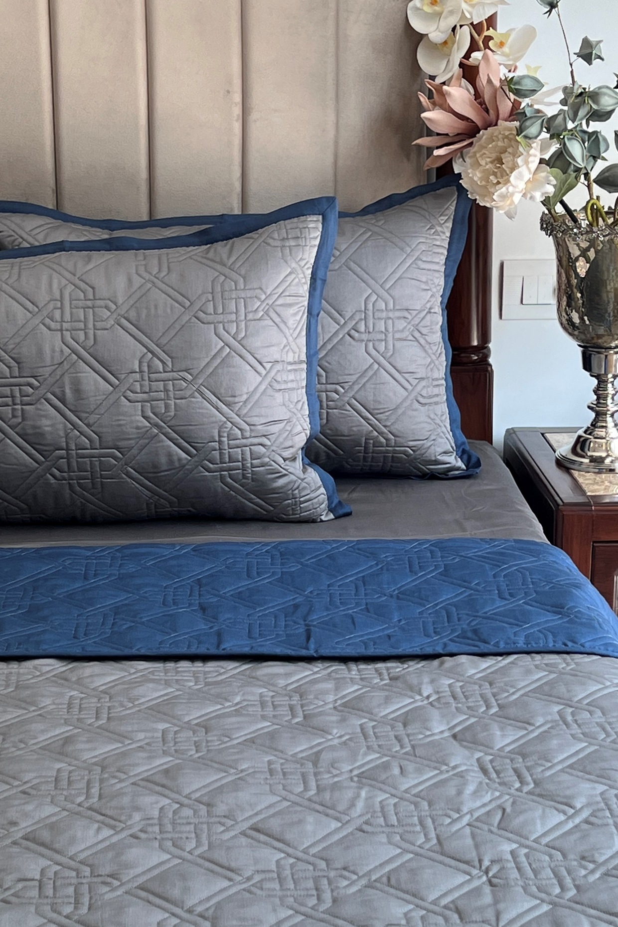 Dark Grey & Navy-Blue Cotton Rich Bedspread Set of 3 by SADYASKA at ...