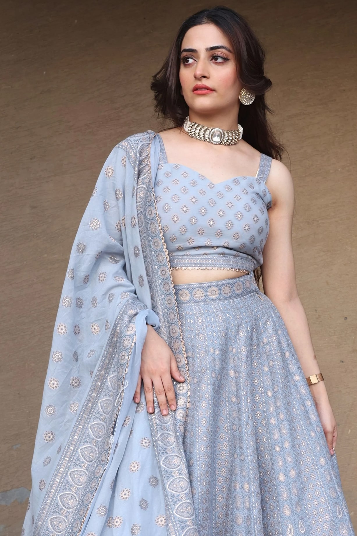 Cool Grey Vegan Silk Chikankari Kalidar Wedding Lehenga Set by Safaa at ...
