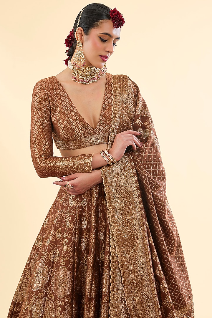 Brown Vegan Silk Bandhani Woven Wedding Lehenga Set by Safaa at Pernia ...