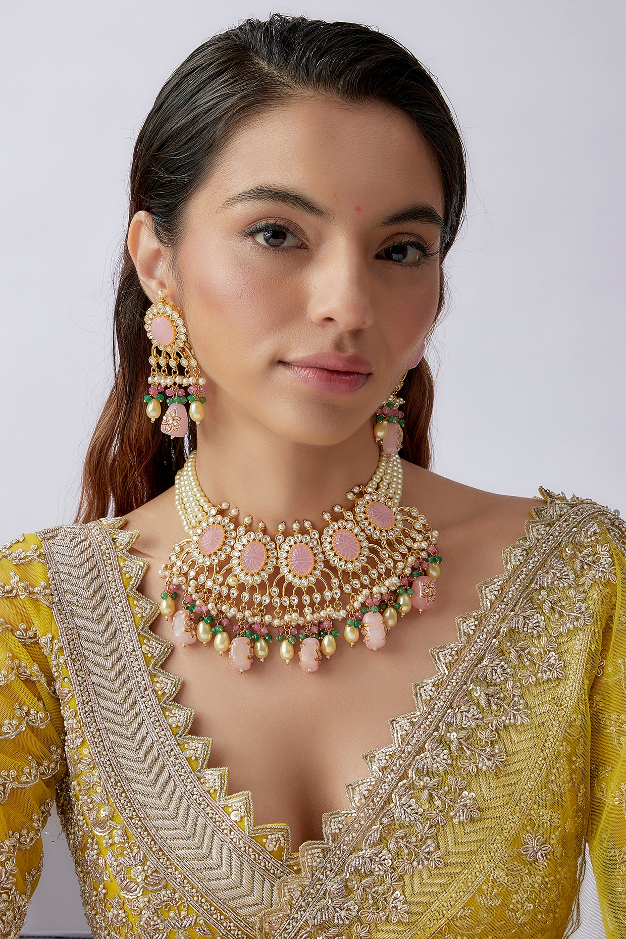 Gold Necklace Set With Pink Stone by Saga Jewels at Pernia's Pop Up ...