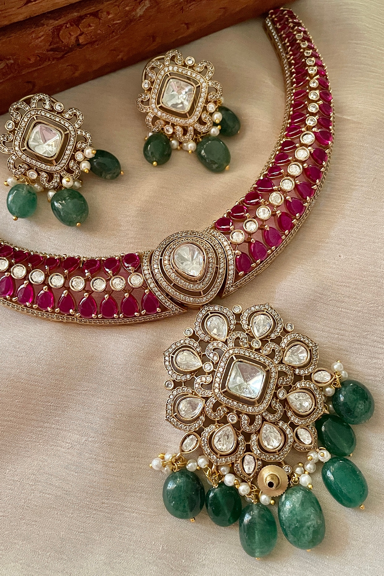 Gold Finish Red Kundan Polki Choker Necklace Set by Saga Jewels at ...
