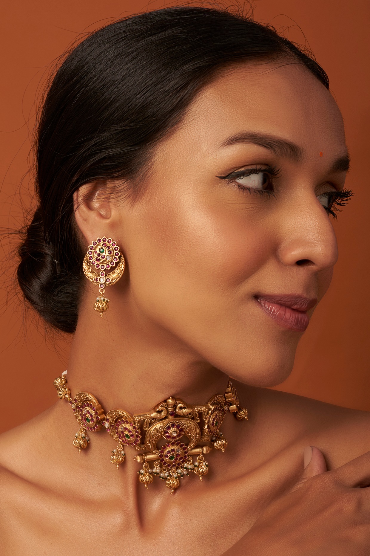 Gold Finish Ruby Temple Necklace Set by Saga Jewels at Pernia's Pop Up ...