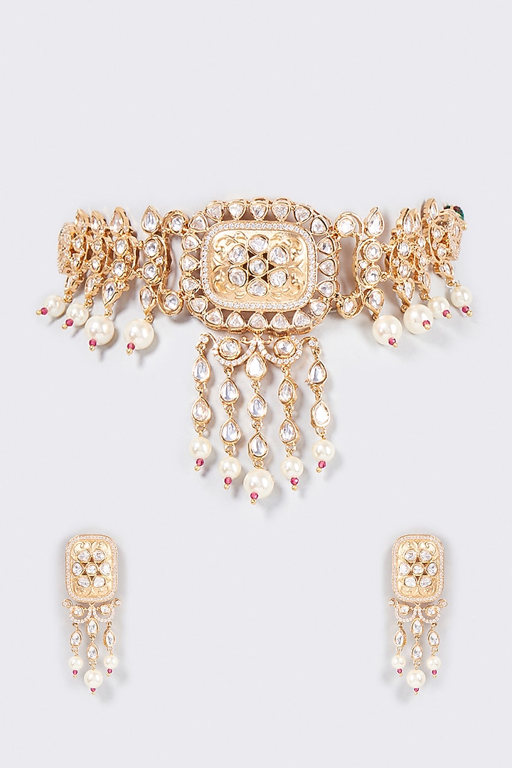 Gold Finish Multi-Colored Stone & Kundan Polki Choker Necklace Set Design by Saga Jewels at ...