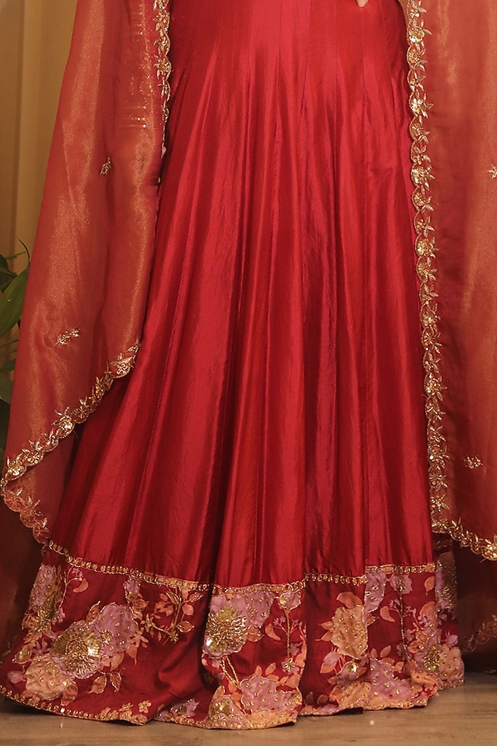 Rust Pure Silk Gold Embroidered Anarkali Set by SAINY GARG COUTURE at ...