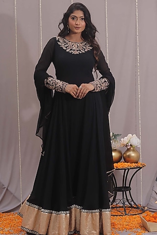 Black Pure Georgette Hand Embroidered Anarkali Set by SAINY GARG ...