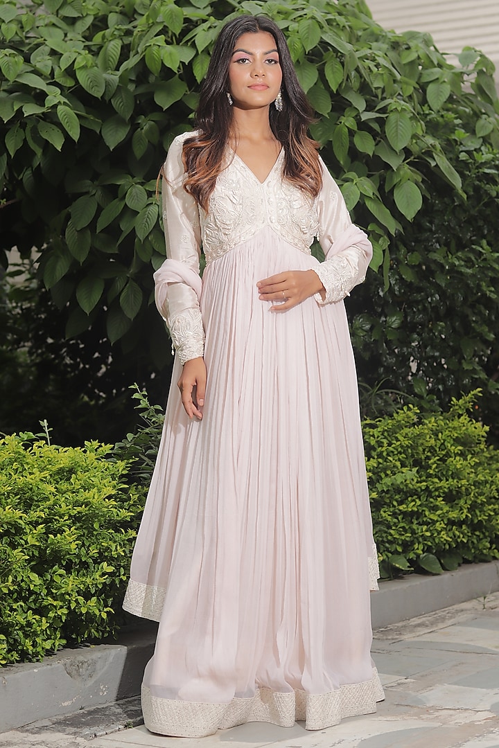 Blush Pink Pure Chiffon Pearl Embroidered Anarkali Set by SAINY GARG ...