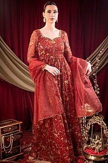 Maroon Pure Chiffon Printed & Dabka Embroidered Anarkali Set by SAINY ...