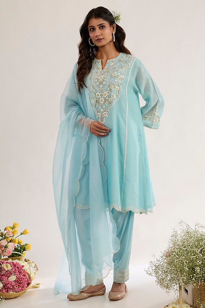 Powder Blue Chanderi Silk Embroidered Choga Kurta Set by Saina kapoor ...