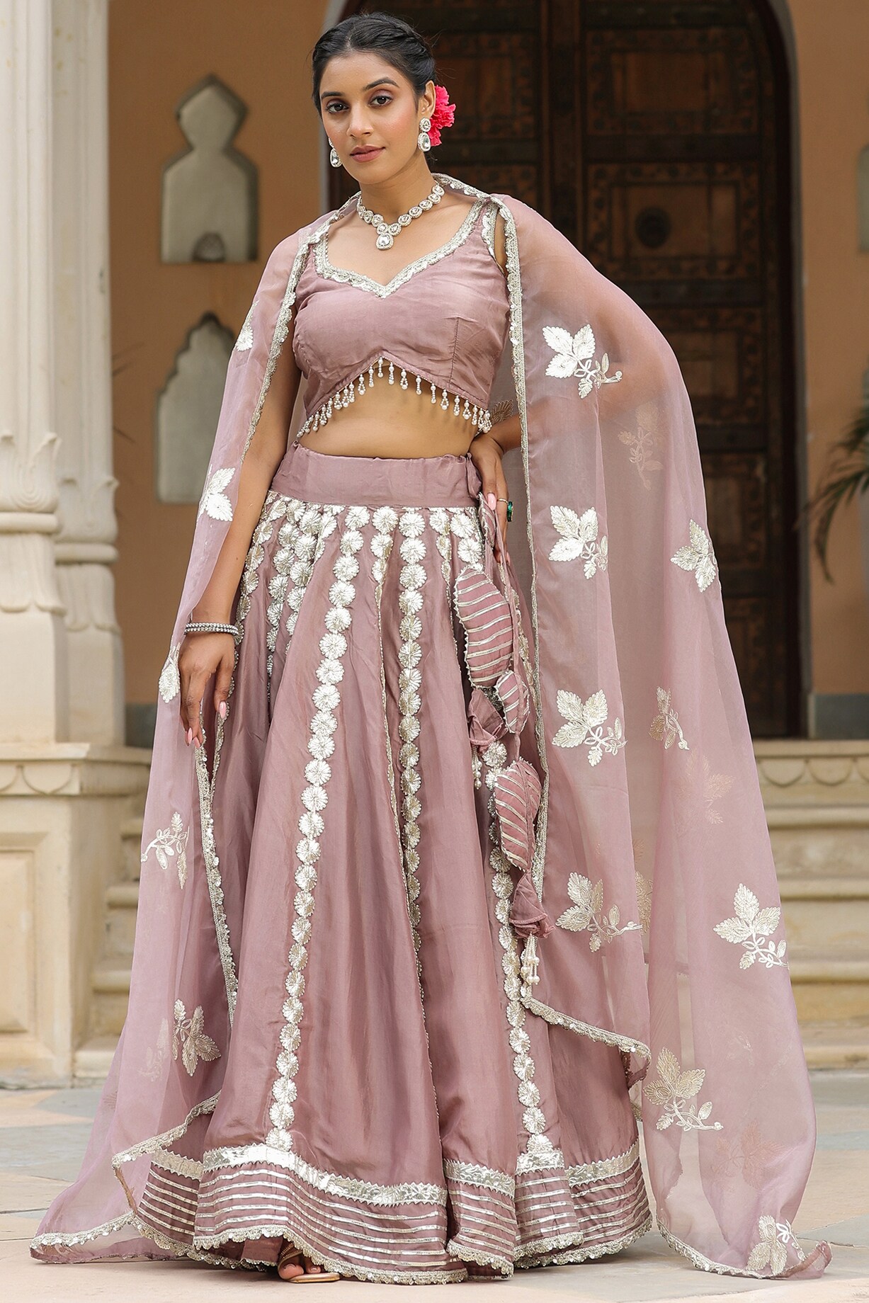 Thatch Brown Natural Crepe Gota Lace Work Lehenga Set by SAMAAYA JAIPUR ...
