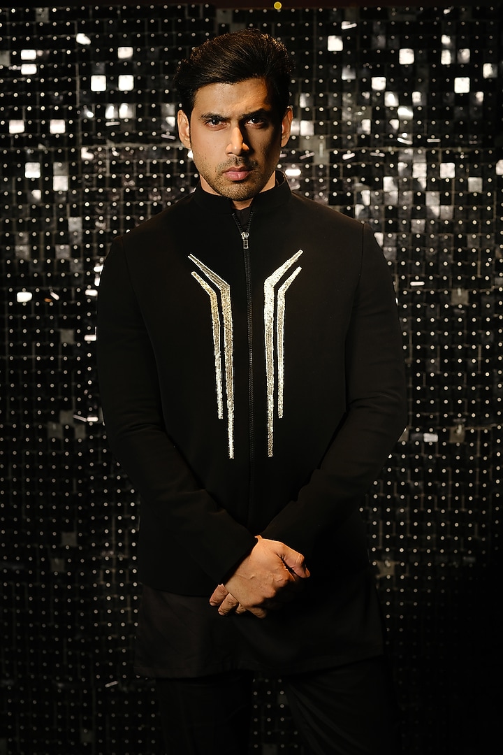 Black Poly Italian Fabric Hand Embroidered Jacket Set by SANJANA REDDY ...