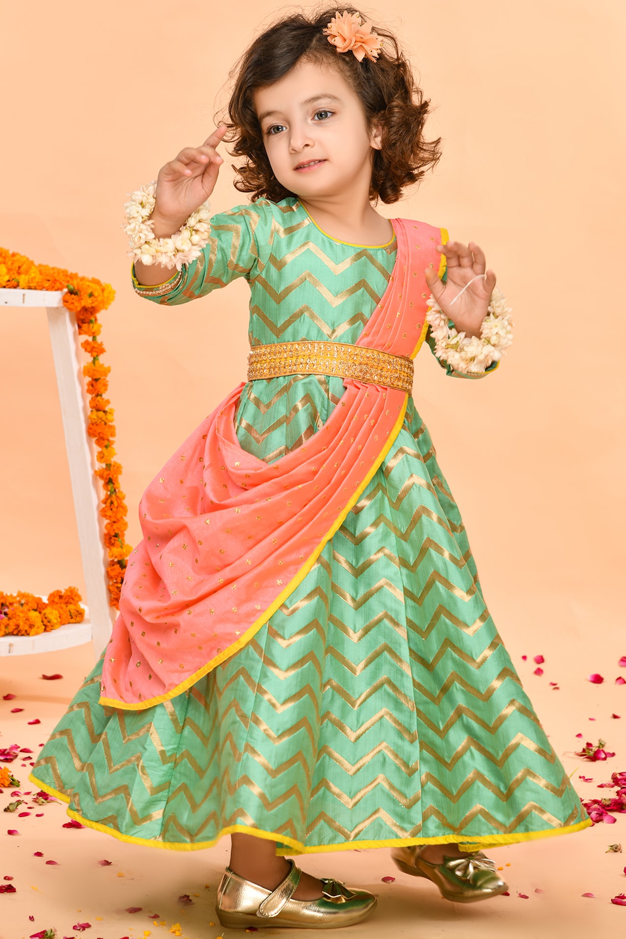 Green Jacquard Embellished Gown For Girls Design by Saka Designs at ...