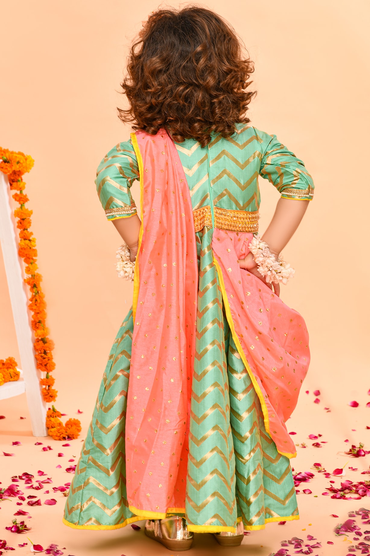 Green Jacquard Embellished Gown For Girls Design by Saka Designs at ...