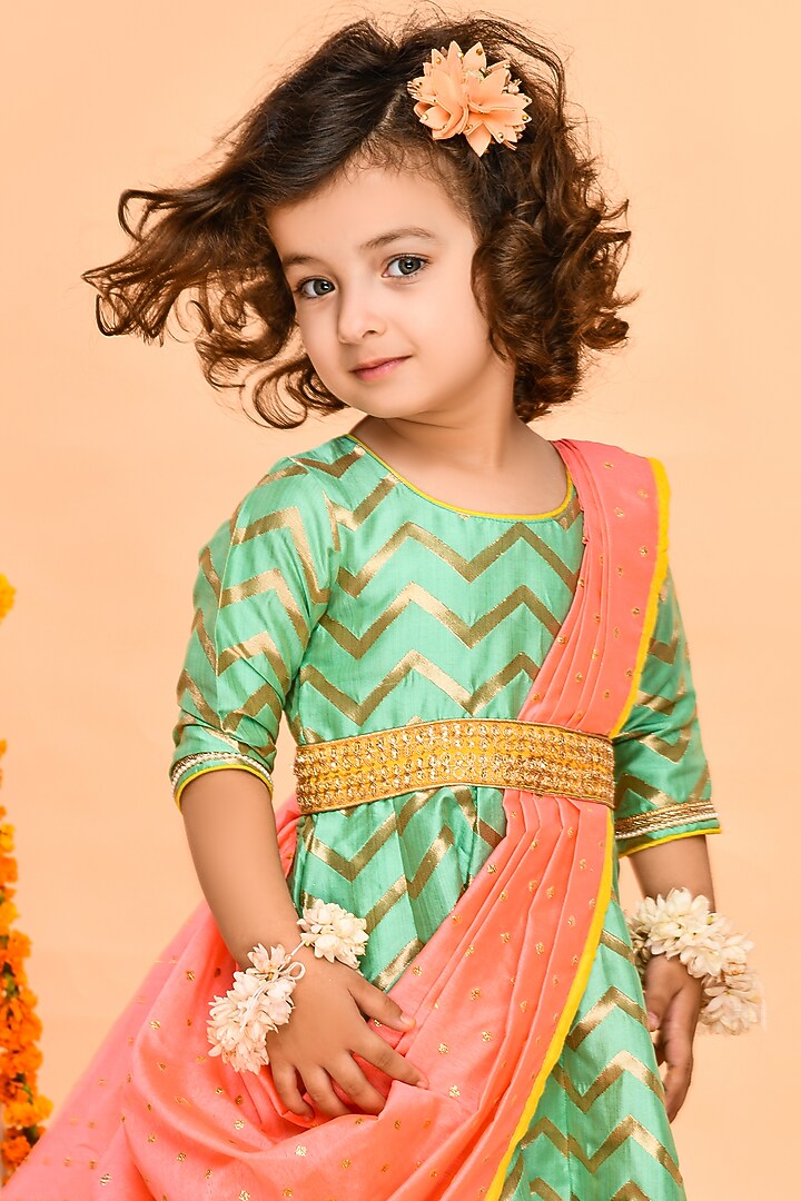 Green Jacquard Embellished Gown For Girls Design by Saka Designs at ...