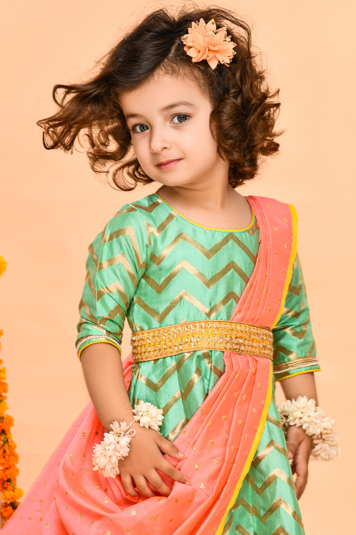 Green Jacquard Embellished Gown For Girls Design by Saka Designs at Pernia's Pop Up Shop 2024