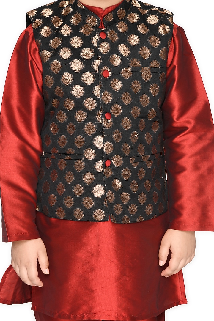 Black Jacquard Bundi Jacket With Kurta Set For Boys Design by Saka Designs at Pernia's Pop Up ...