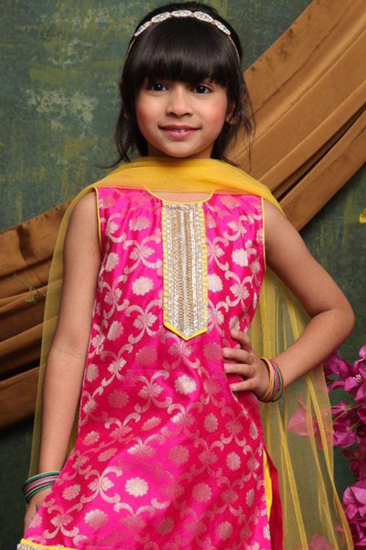 Hot Pink Jacquard Gold Embroidered Kurta Set For Girls by Saka Designs at Pernia's Pop Up Shop 2025