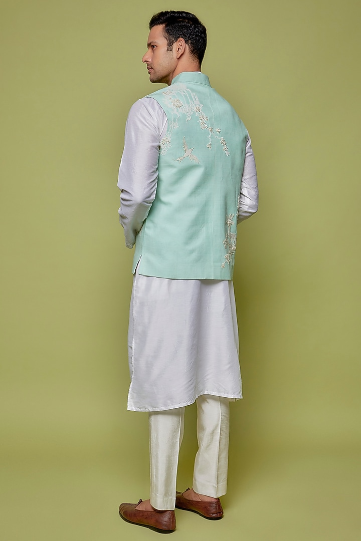 Light Blue Matka Silk Thread Embroidered Bundi Jacket by Sahil Kochhar ...