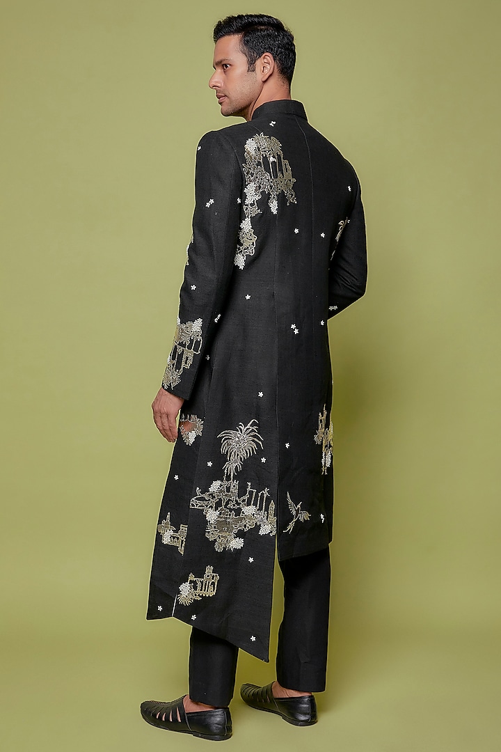 Black Matka Silk Embroidered Indowestern Jacket by Sahil Kochhar Men at ...