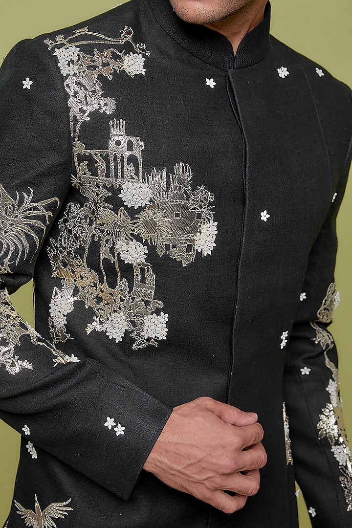 Black Matka Silk Embroidered Indowestern Jacket by Sahil Kochhar Men at ...