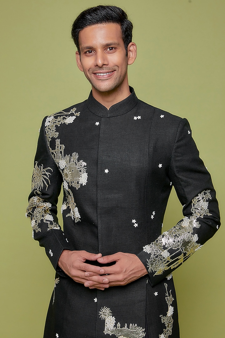 Black Matka Silk Embroidered Indowestern Jacket by Sahil Kochhar Men at ...