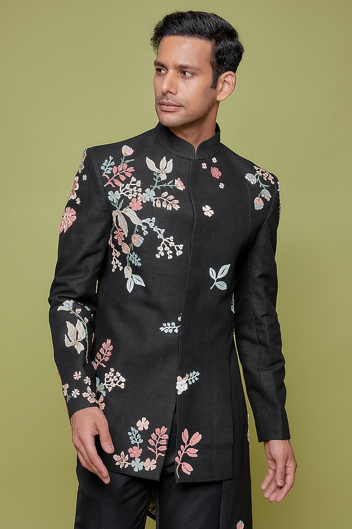 Black Matka Silk Embroidered Jacket Set by Sahil Kochhar Men at Pernia ...