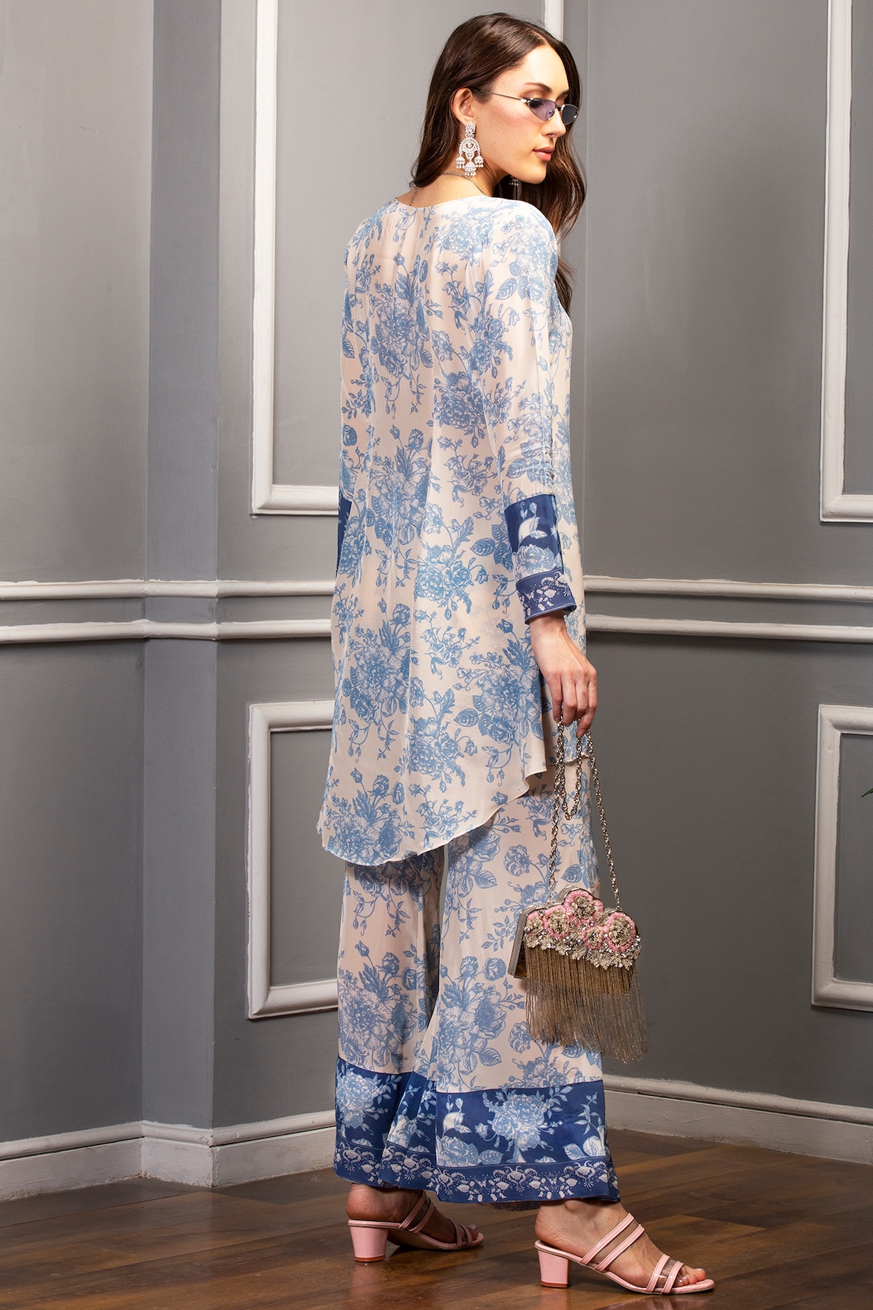 Beige & Cobalt Blue Floral Printed Tunic Set by Sakshi Girri at Pernia's Pop Up Shop 2025
