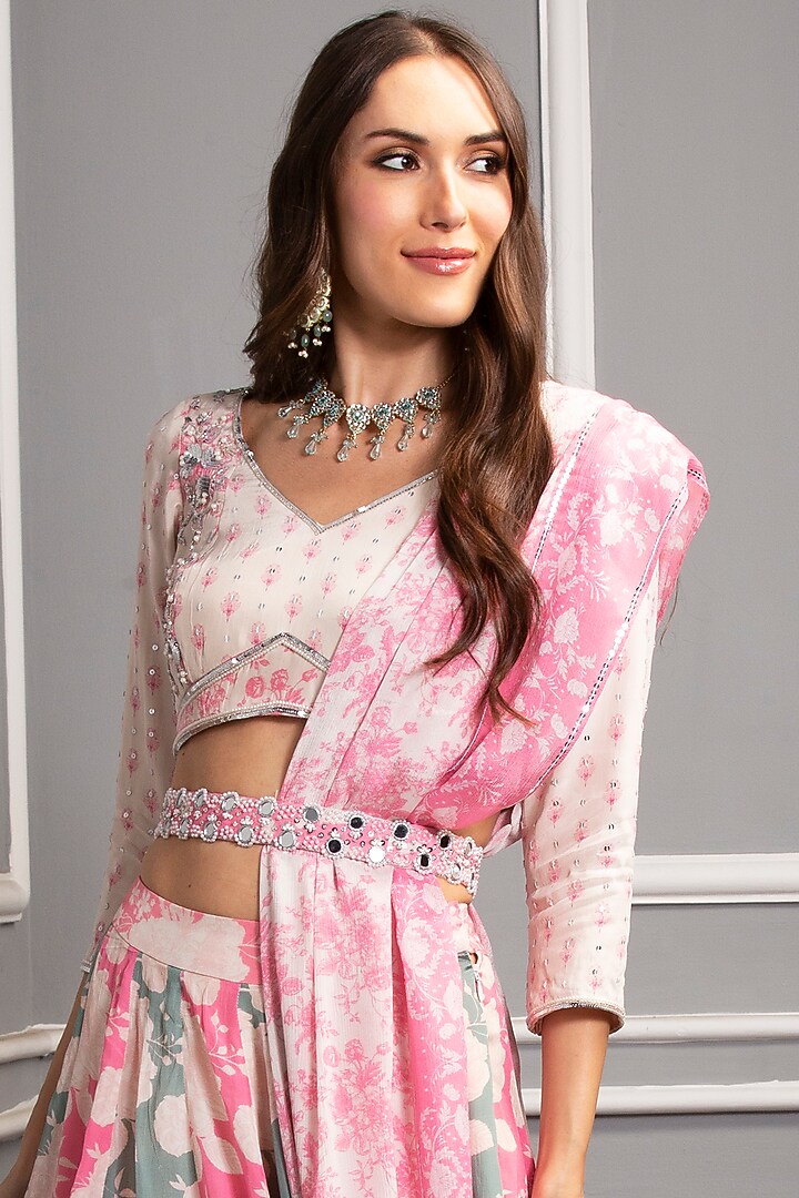 Bright Pink & Dull Teal Floral Printed Lehenga Set Design by Sakshi ...