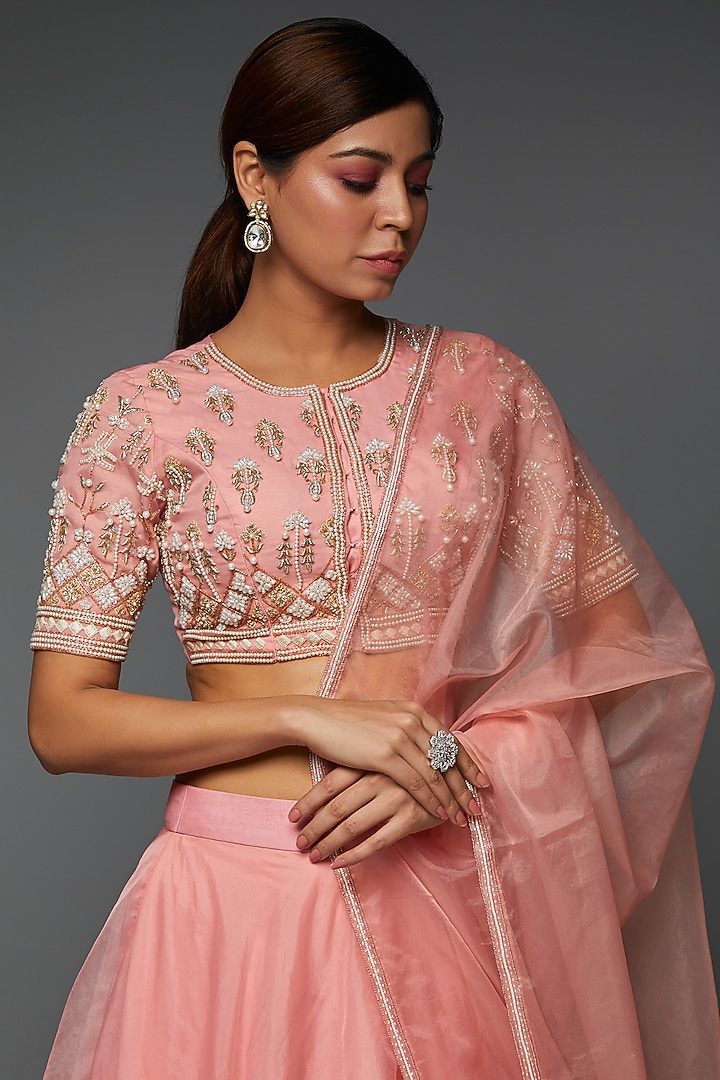 Rose Pink Russian Silk & Organza Wedding Lehenga Set by Saloni Jain at ...