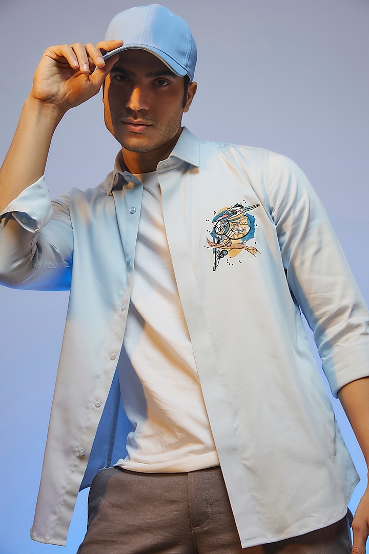 Powder Blue Linen Aari Embroidered Handcrafted Shirt by SAMMOHAN at ...