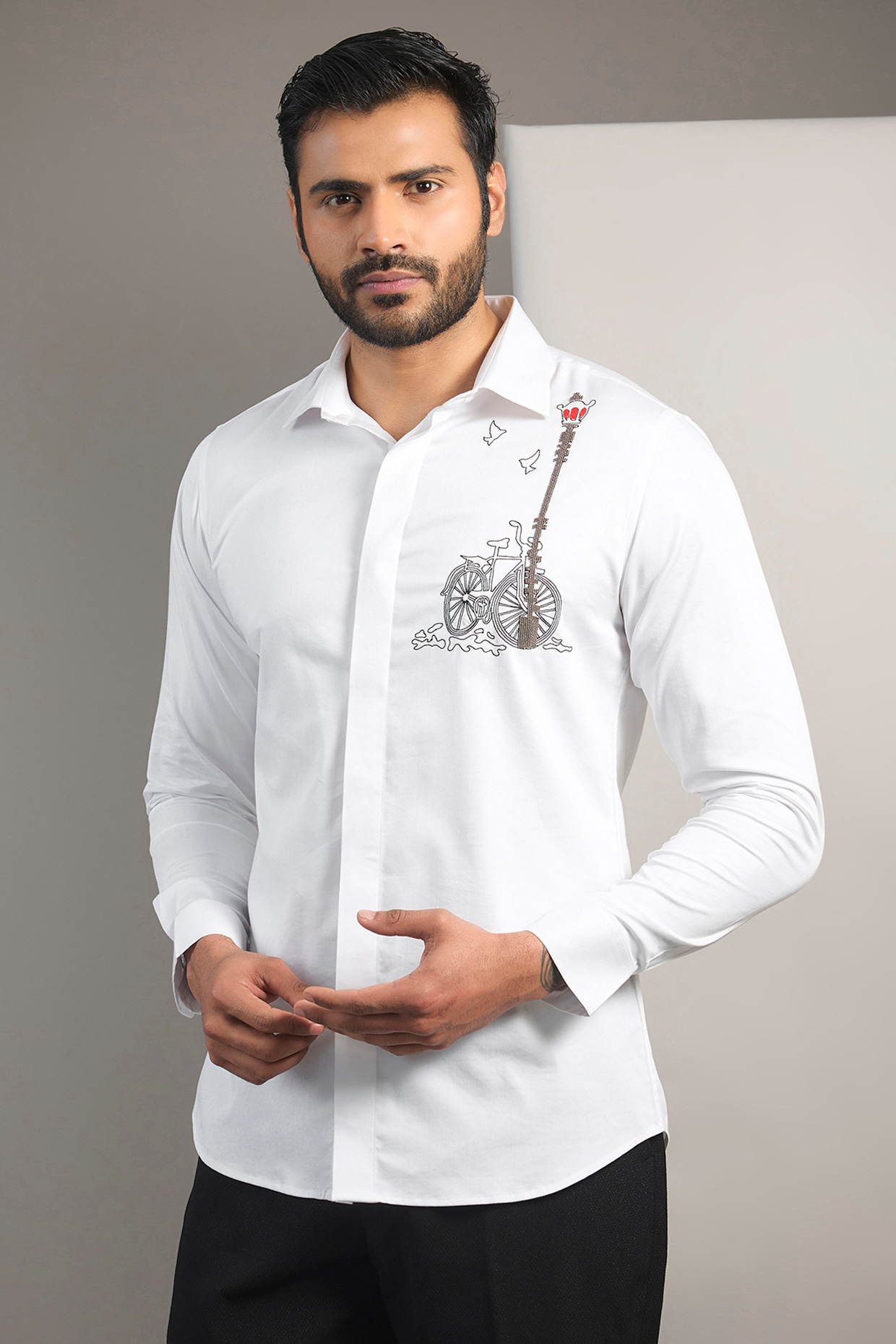 White Cotton Lycra Aari Embroidered Handcrafted Shirt by SAMMOHAN at Pernia's Pop Up Shop 2025