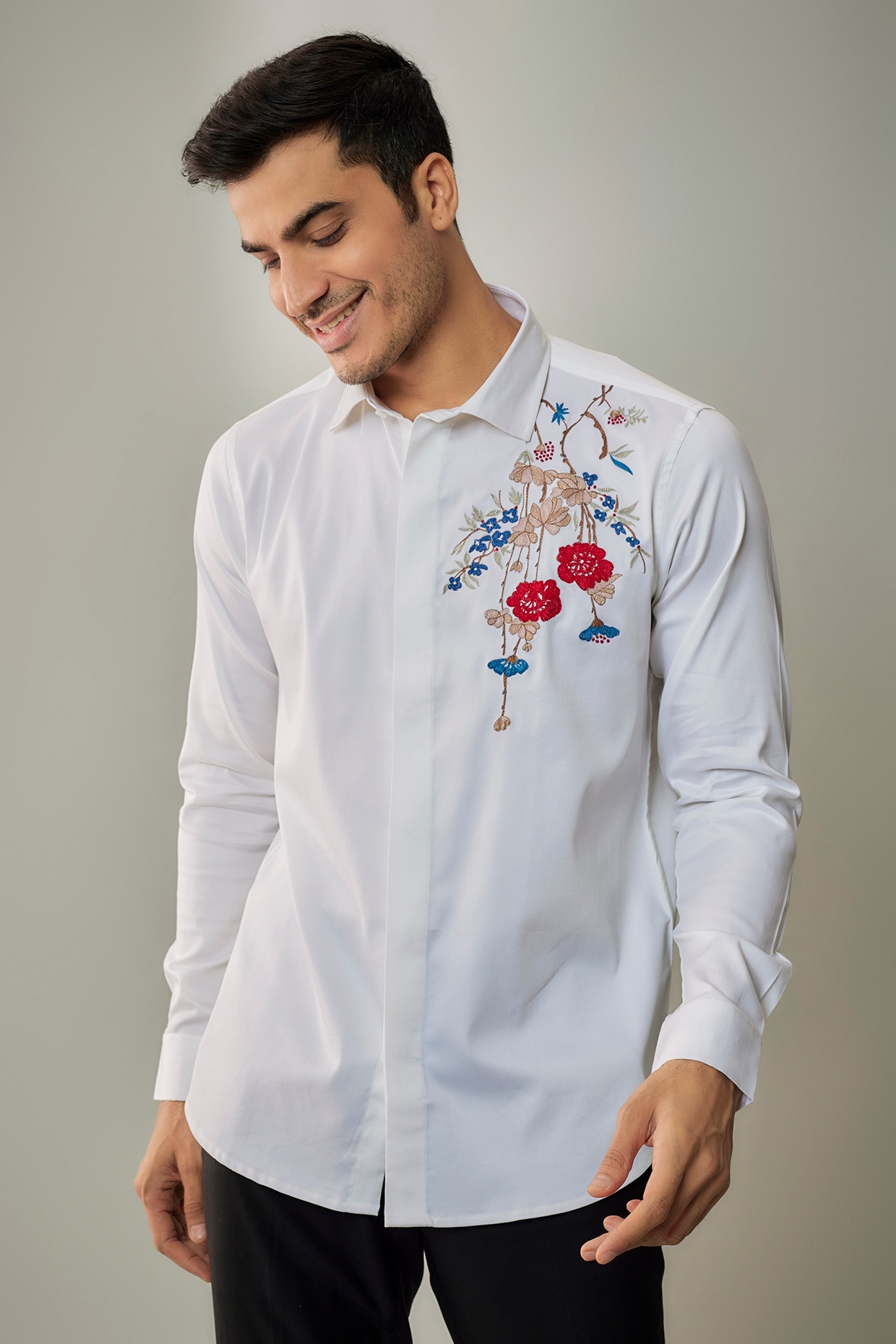 White Cotton Lycra Aari Embroidered Handcrafted Shirt by SAMMOHAN at ...